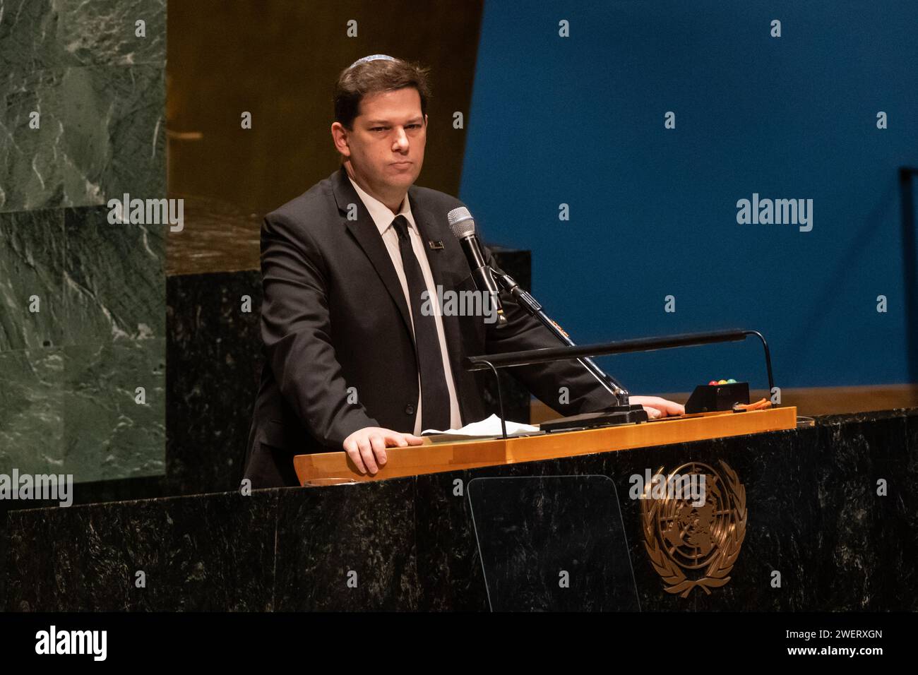 Cantor Daniel Singer performs prayer during United Nations Holocaust Memorial Ceremony in ...
