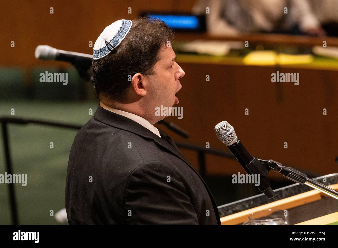 New York, USA. 26th Jan, 2024. Cantor Daniel Singer performs prayer El ...