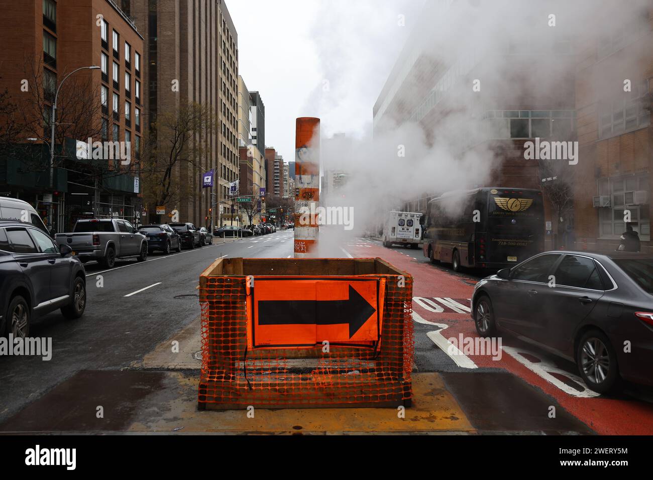 A view of Con Ed steam stack sweeps through the air on First Avenue in ...