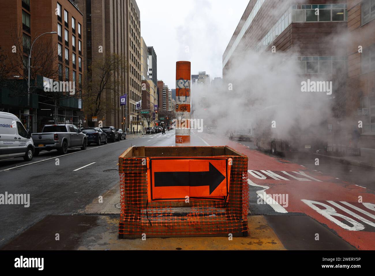 A view of Con Ed steam stack sweeps through the air on First Avenue in ...