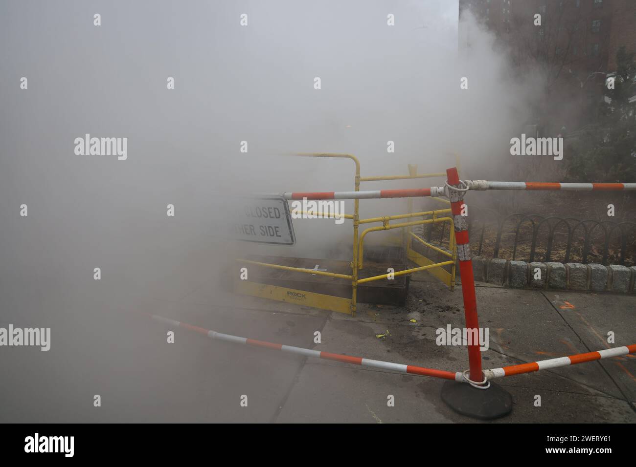 A view of Con Ed steam man hole sweeps through the air on First Avenue ...