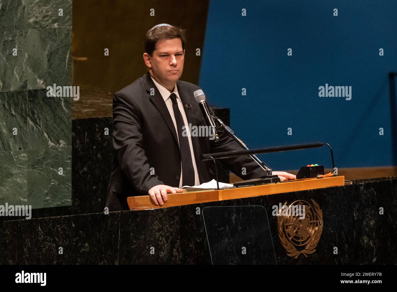 New York, USA. 26th Jan, 2024. Cantor Daniel Singer performs prayer El ...
