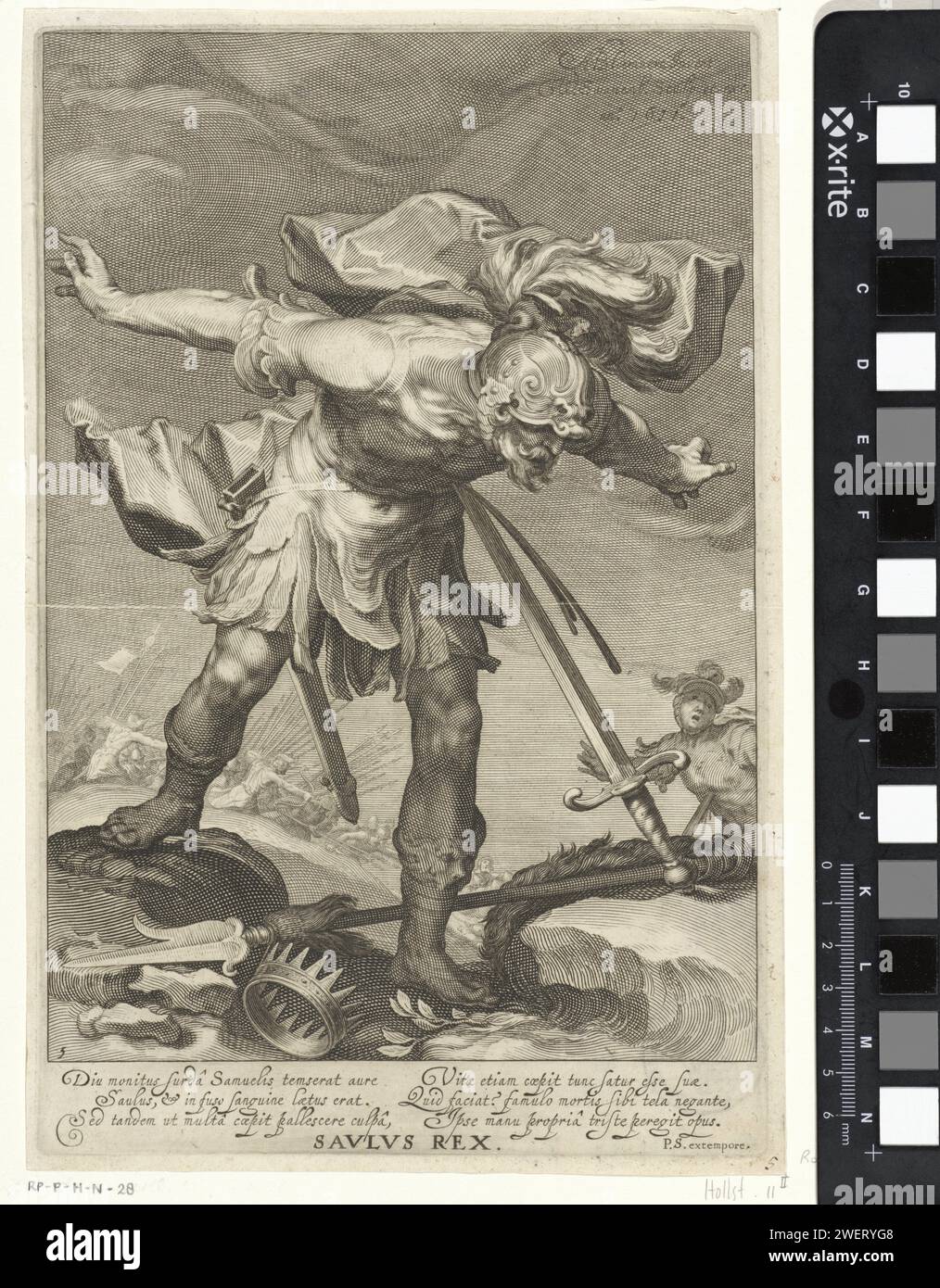 King Saul plunges into his sword, Willem Isaacsz. van Swanenburg, after Abraham Bloemaert, 1611 ...
