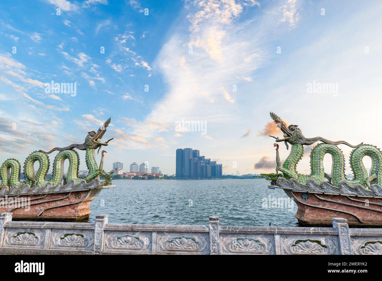 Hanoi West Lake, or Tay Ho Lake, view with Twin Dragons statue, a ...