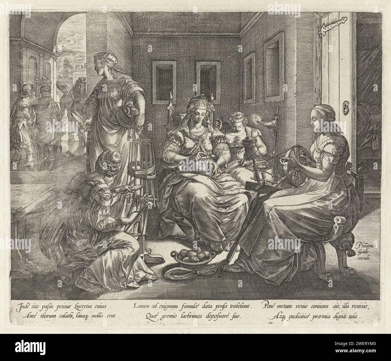 Lucretia and her maid at spinning, 1578 - 1580 print Five women are ...