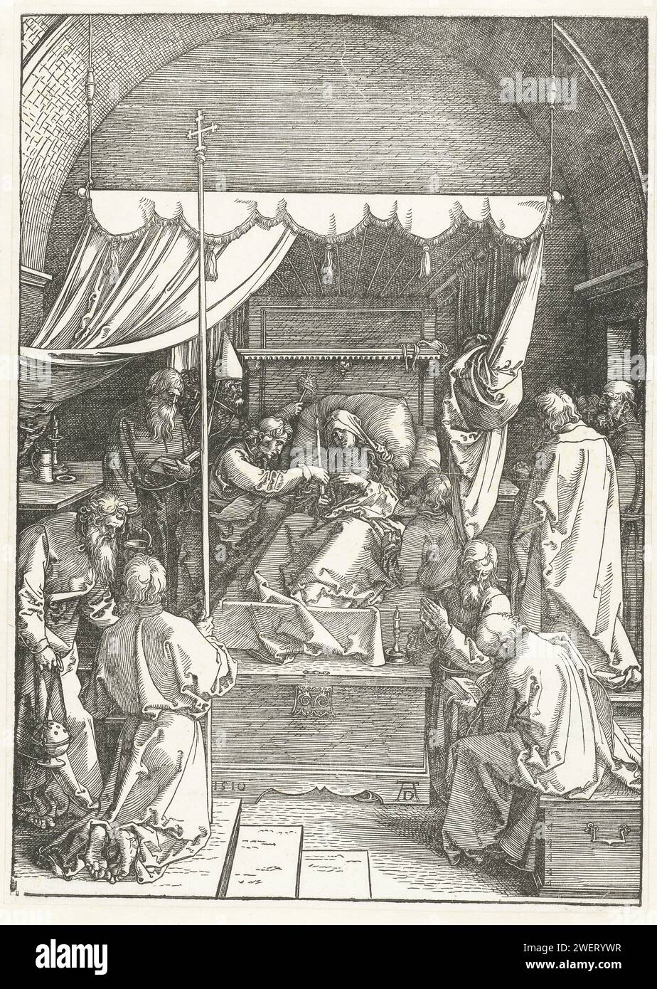 Deathbed of Maria, Albrecht Dürer, 1510 print Maria is in a four ...