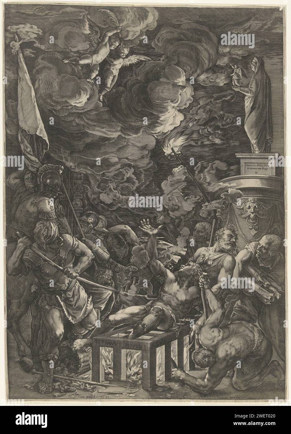 The torture of St. Laurentius, Cornelis Cort, After Titian, 1571 print Saint Laurentius is lying ...