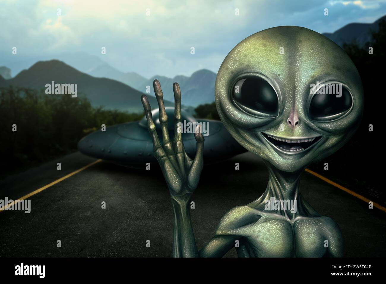 Alien and flying saucer on asphalt highway outdoors. Extraterrestrial ...