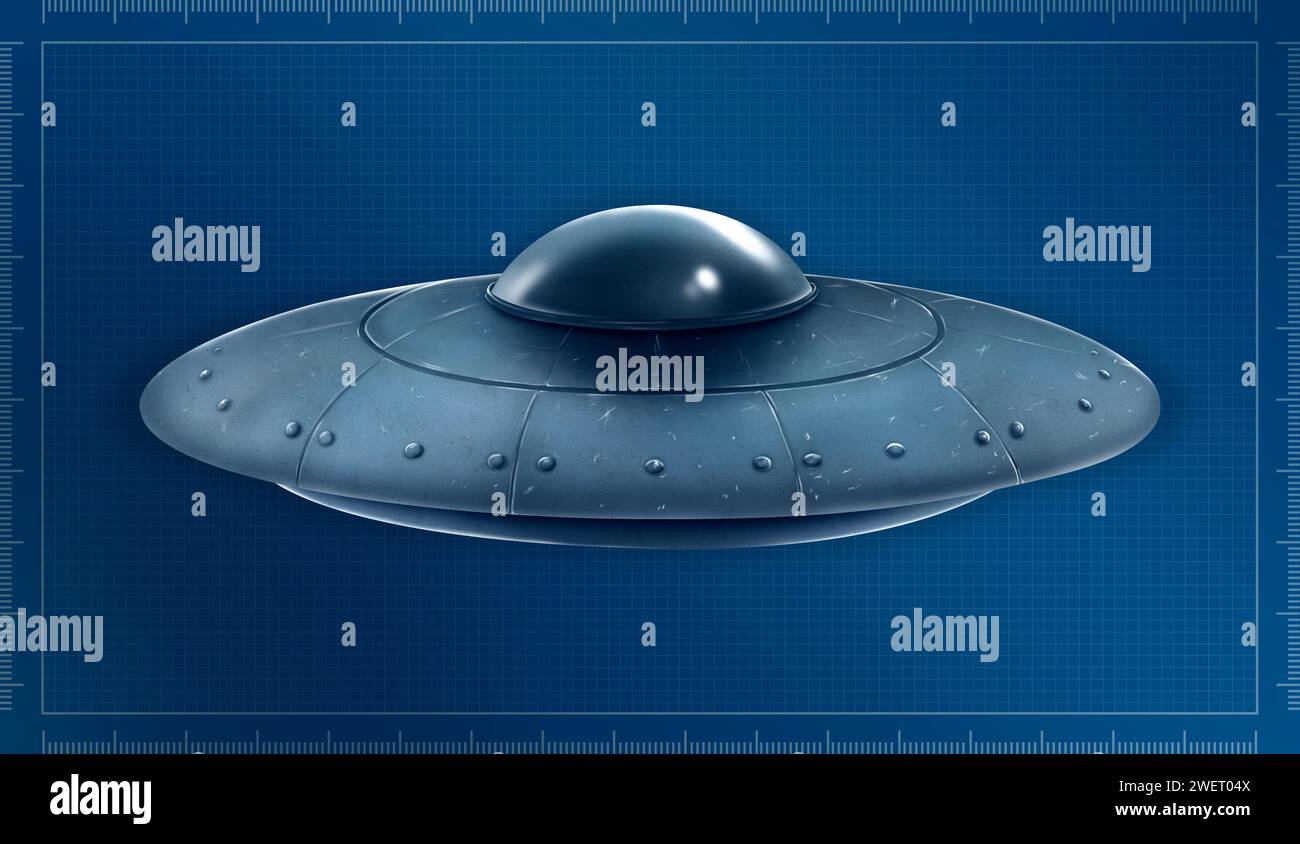 UFO. Alien spaceship on empty blueprint background, illustration Stock ...