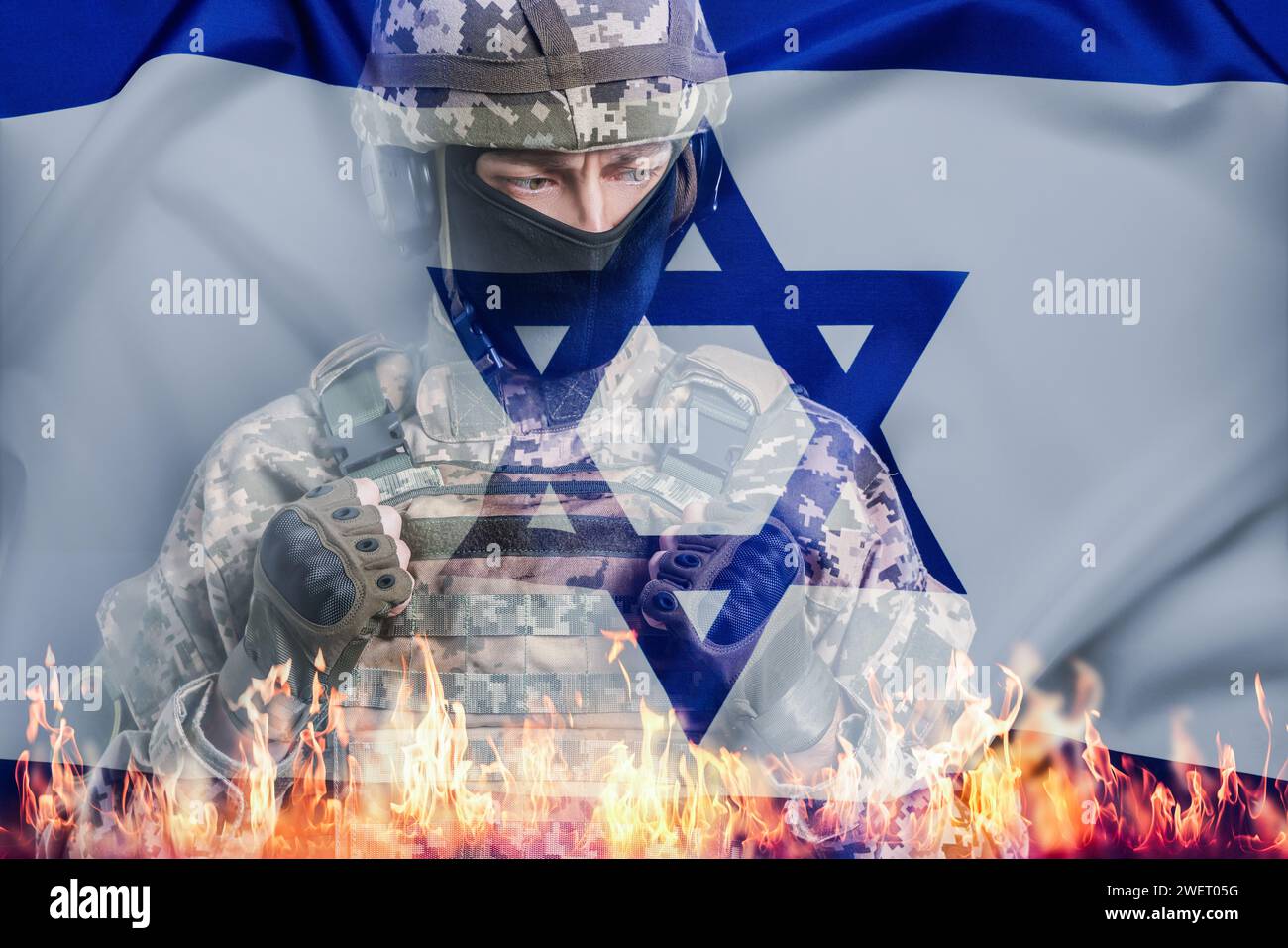 Military, flag of Israel and flame, double exposure Stock Photo - Alamy