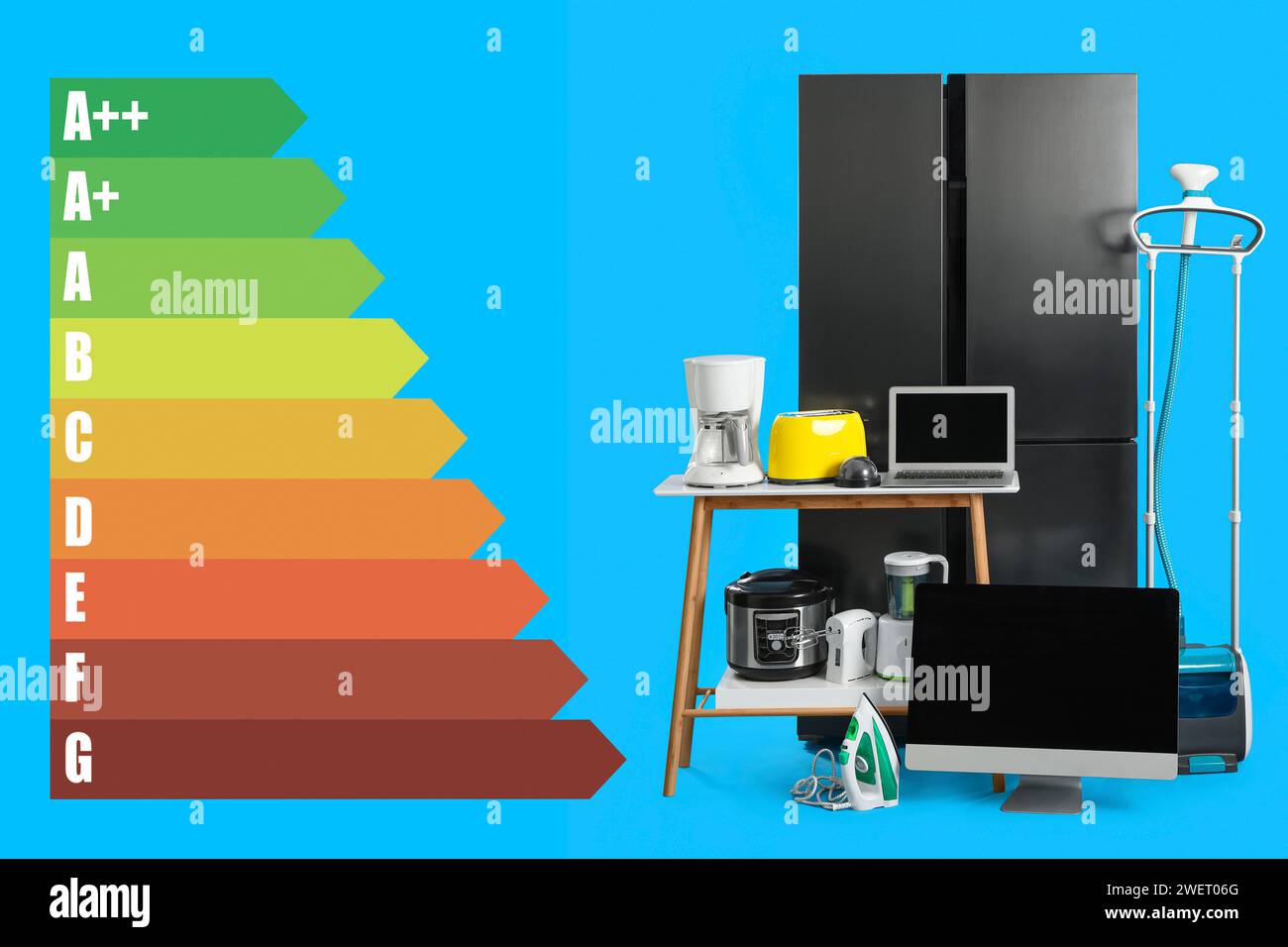 Energy efficiency rating label and different household appliances on ...
