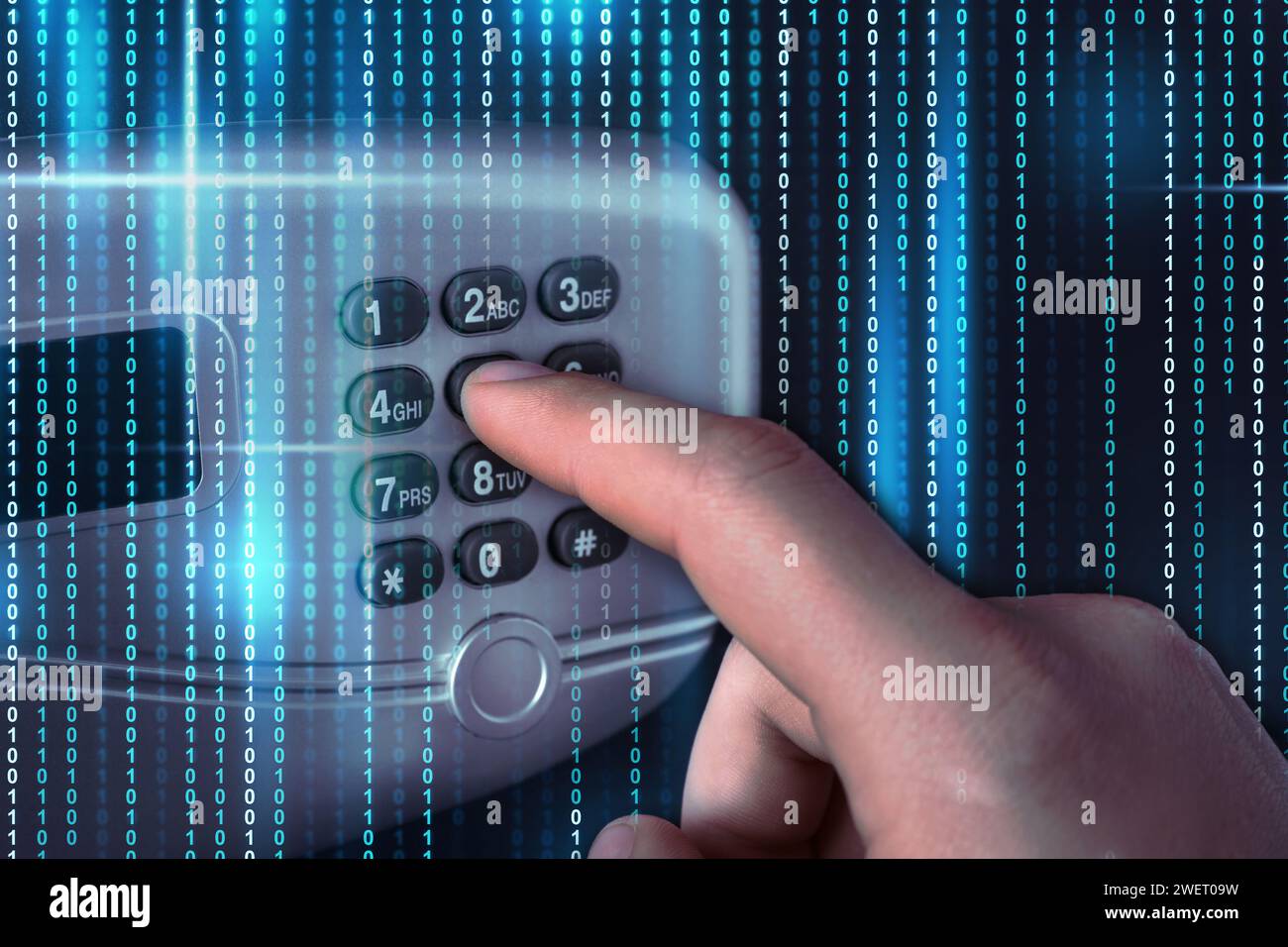 Man pressing buttons on keypad to open steel safe, closeup. Binary code symbolizing digital lock ...