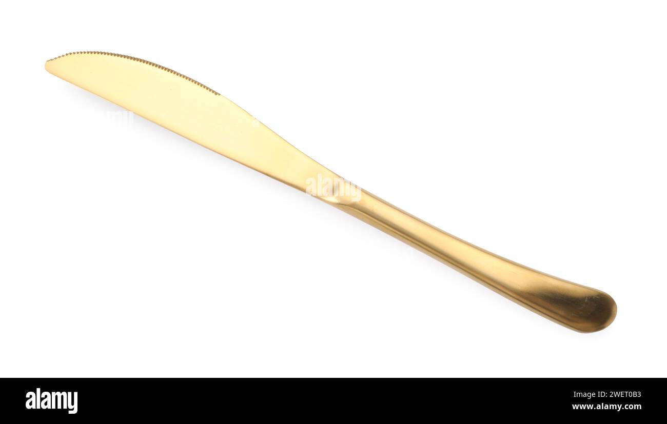 One shiny golden knife isolated on white, top view Stock Photo - Alamy