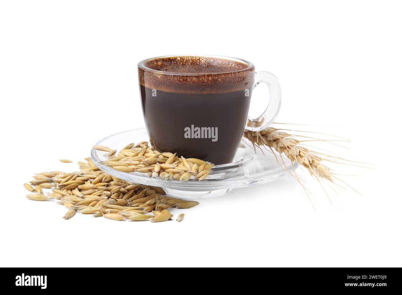Cup of barley coffee, grains and spike isolated on white Stock Photo ...