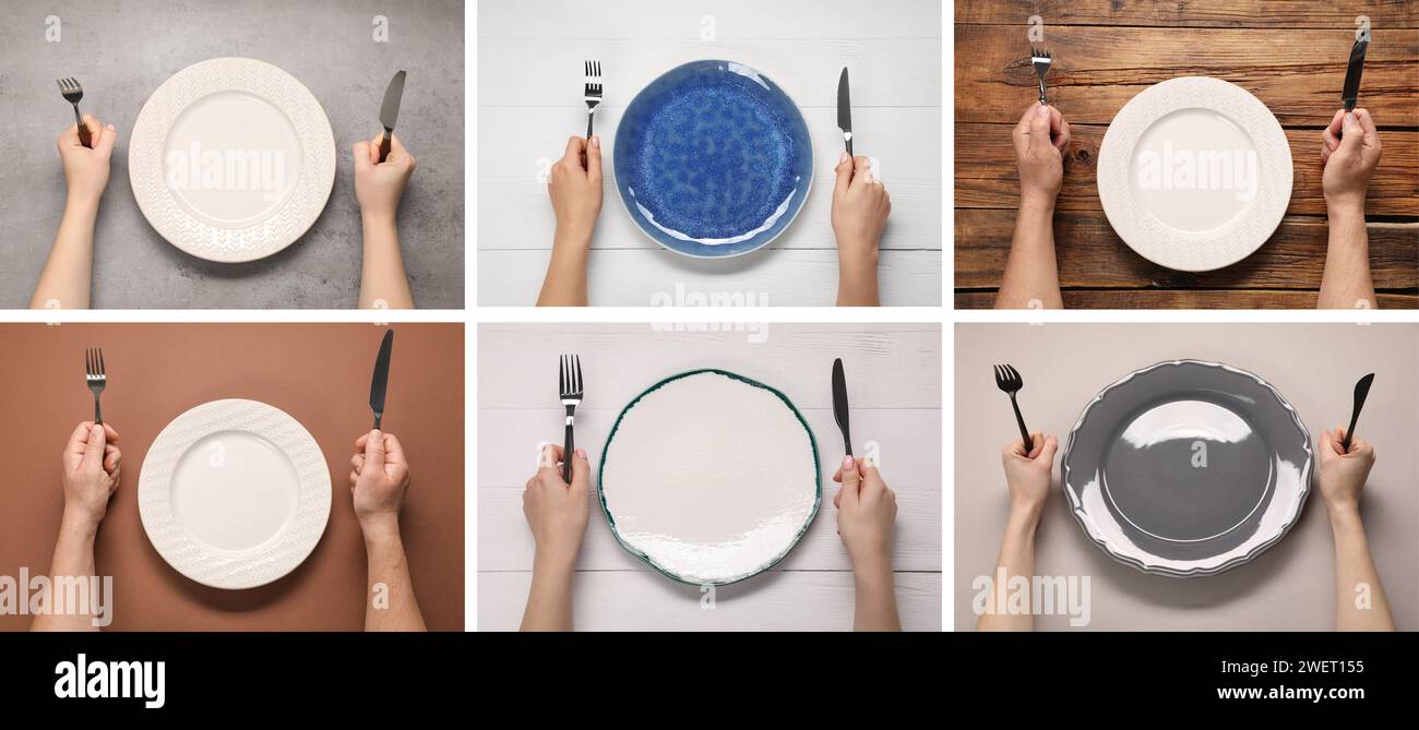 People with cutlery and clean plates on different backgrounds, top view ...