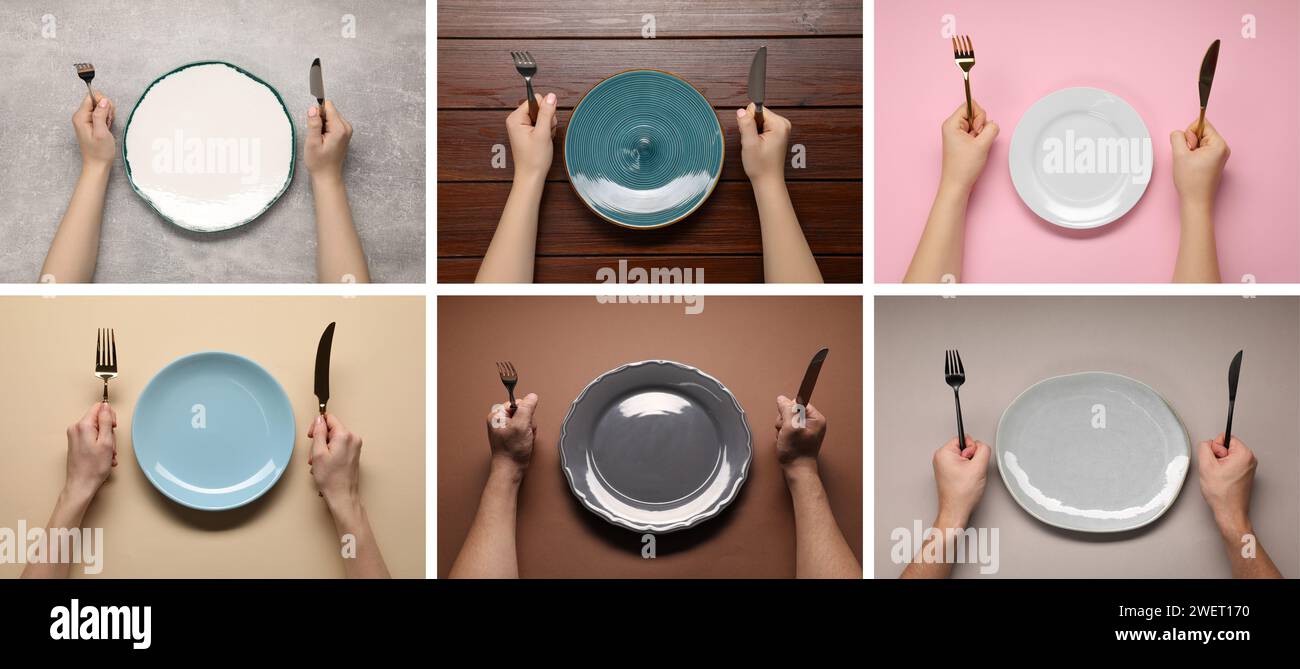 People with cutlery and clean plates on different backgrounds, top view ...