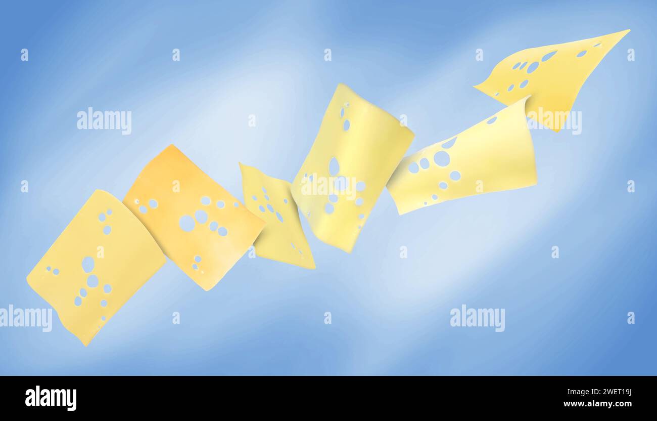 Slices of tasty cheese falling on light blue background, banner design ...