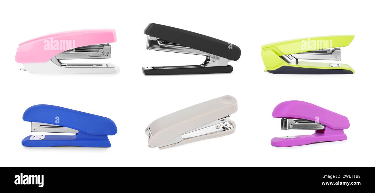 Different colorful staplers isolated on white, collection Stock Photo ...