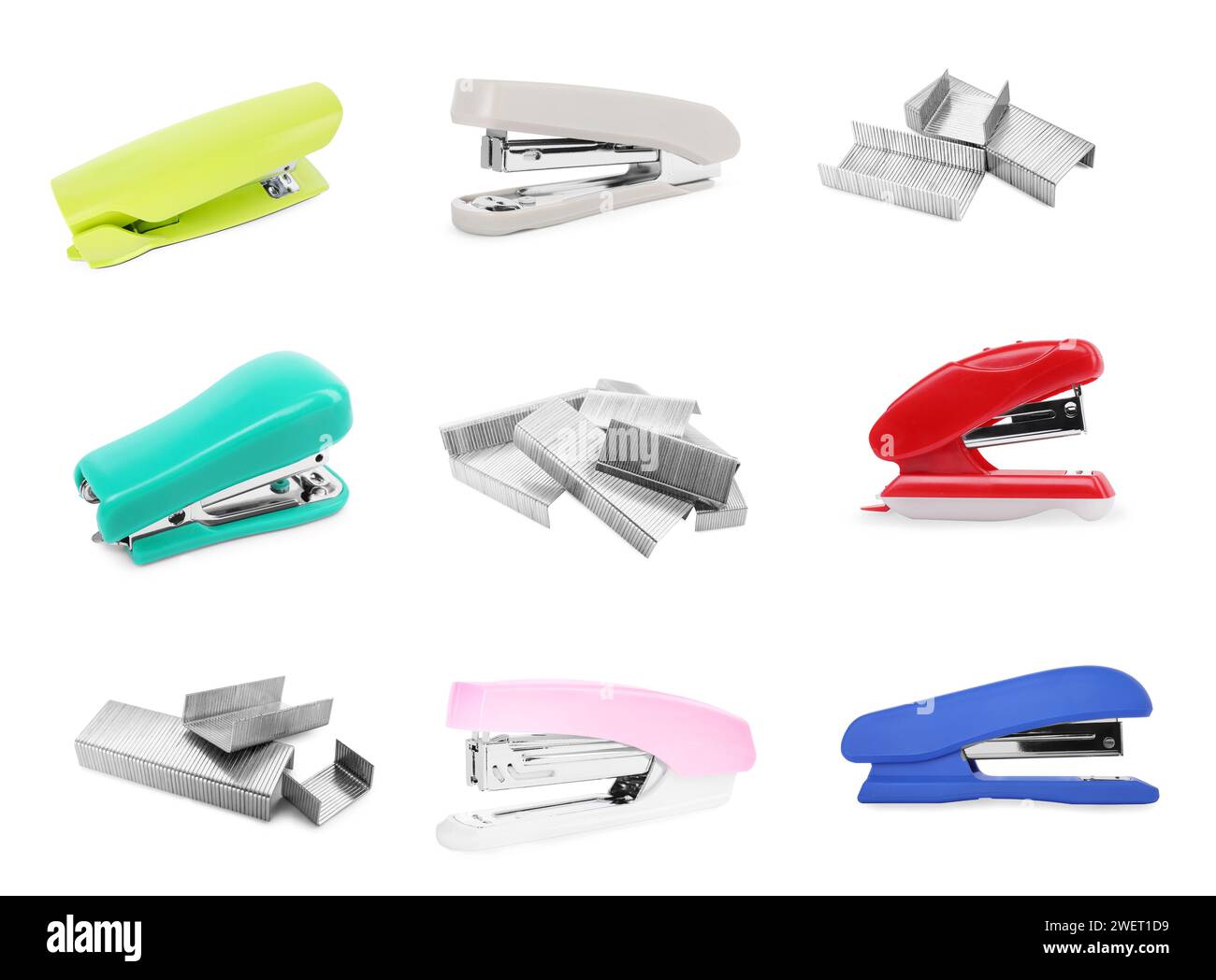 Different colorful staplers and fasteners isolated on white, collection ...