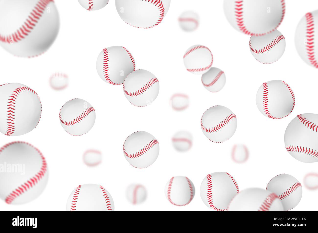 Many baseball balls falling on white background Stock Photo - Alamy