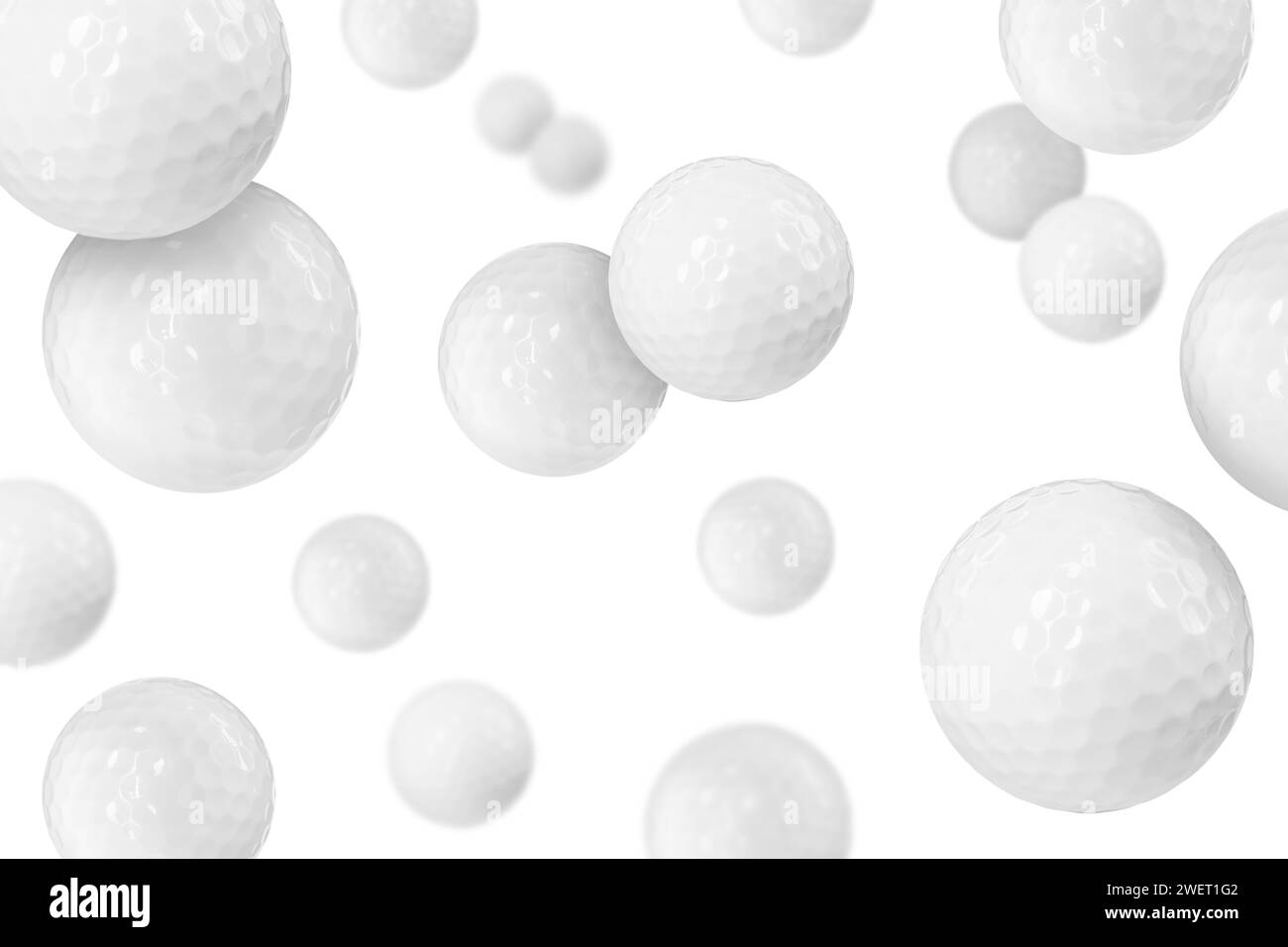 Many golf balls falling on white background Stock Photo - Alamy