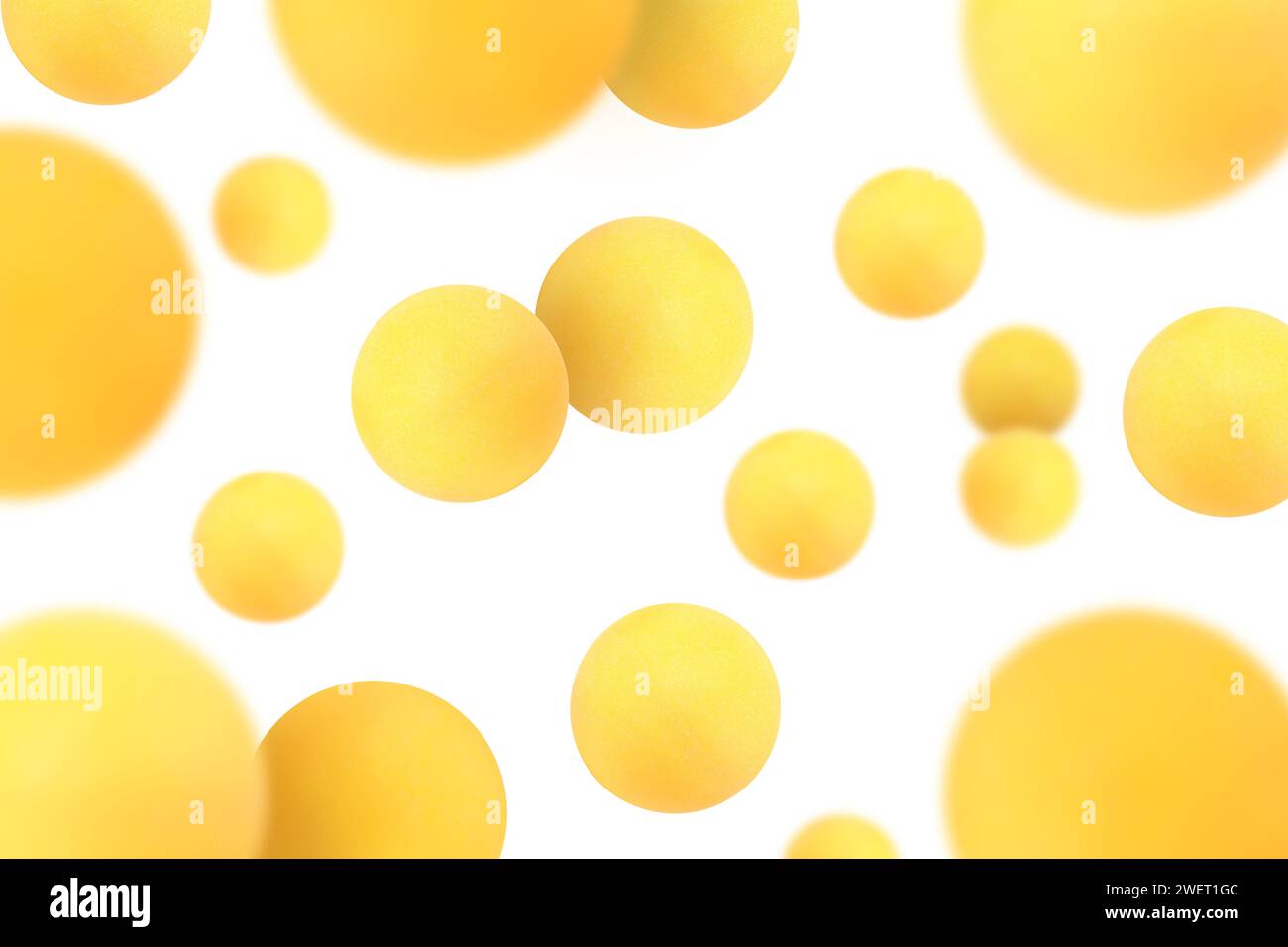 Many table tennis balls falling on white background Stock Photo - Alamy