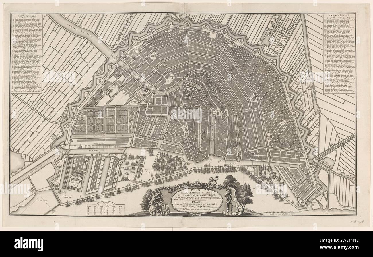 Map of Amsterdam, Anonymous, 1739 - 1752 print Map with buildings in a nutshell perspective. At ...