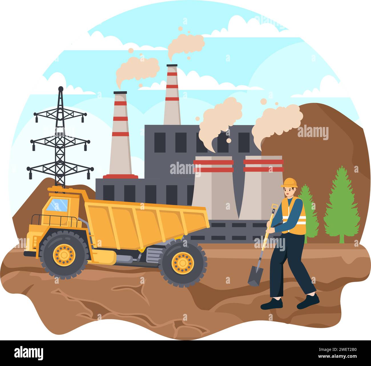 Mining Company Vector Illustration with Heavy Yellow Dumper Trucks for ...