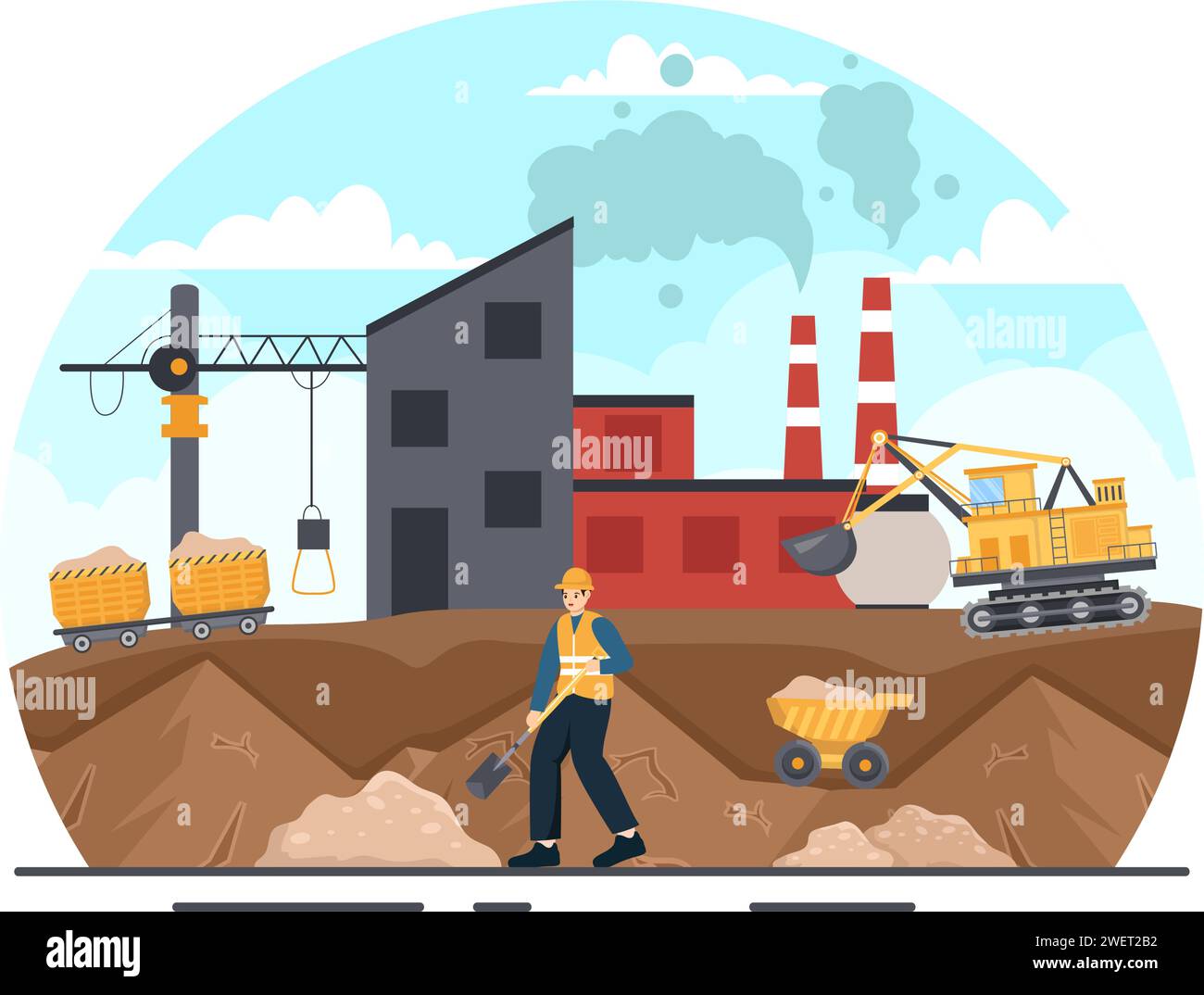 Mining Company Vector Illustration with Heavy Yellow Dumper Trucks for ...