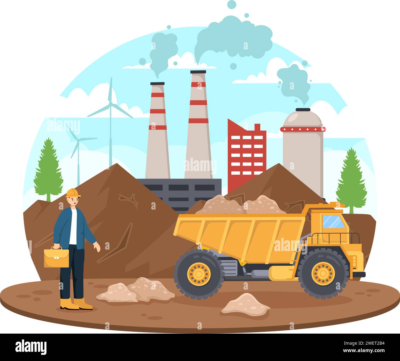 Mining Company Vector Illustration with Heavy Yellow Dumper Trucks for ...