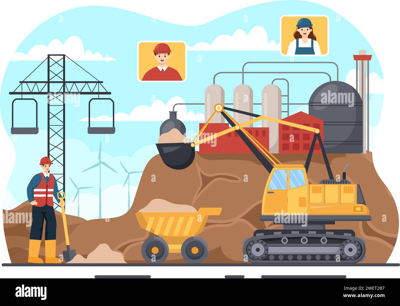 Mining Company Vector Illustration with Heavy Yellow Dumper Trucks for ...