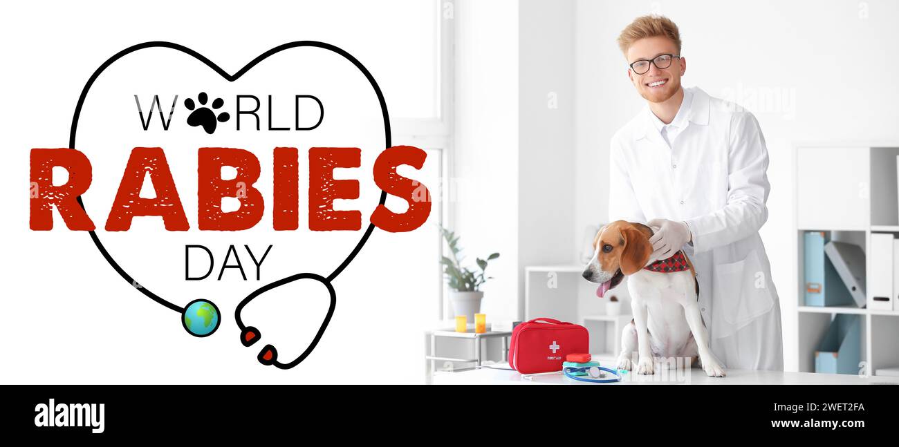 Awareness banner for World Rabies Day with dog and male veterinarian ...