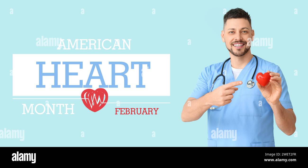 Awareness banner for American Heart Month with male cardiologist Stock ...