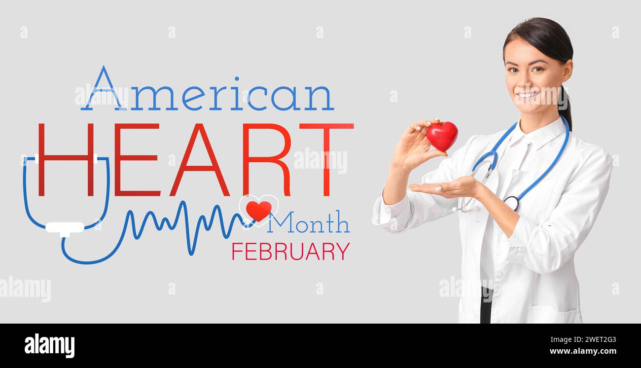 Awareness banner for American Heart Month with female cardiologist ...