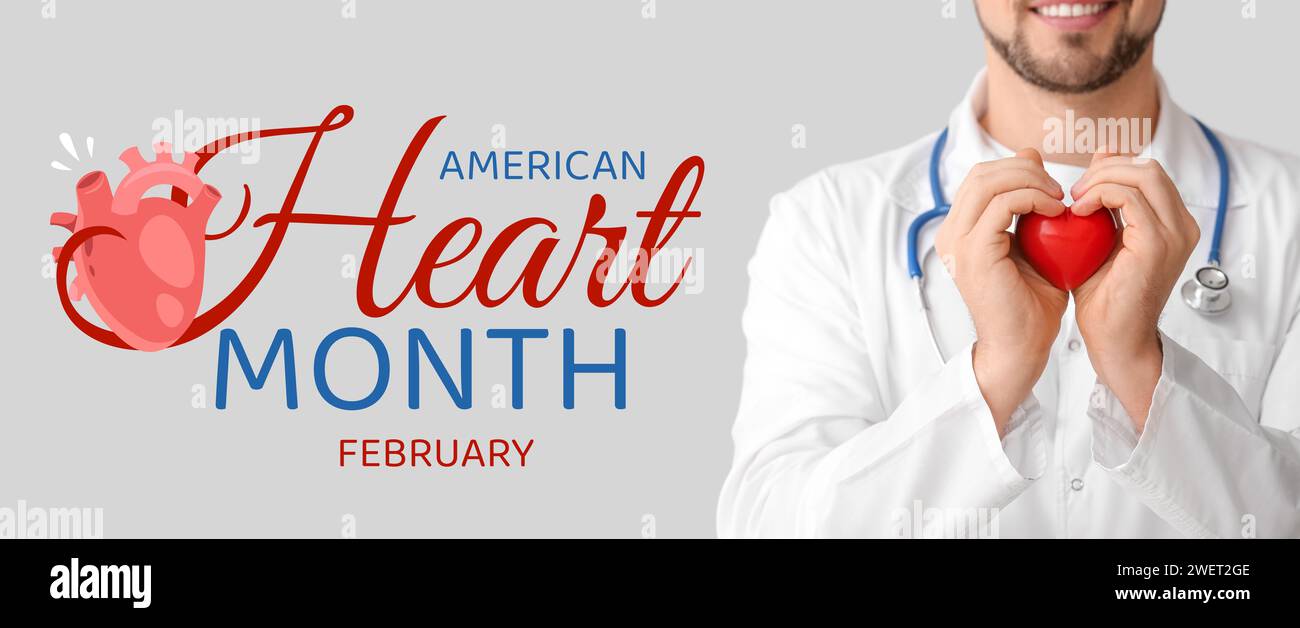 Awareness banner for American Heart Month with male cardiologist Stock ...