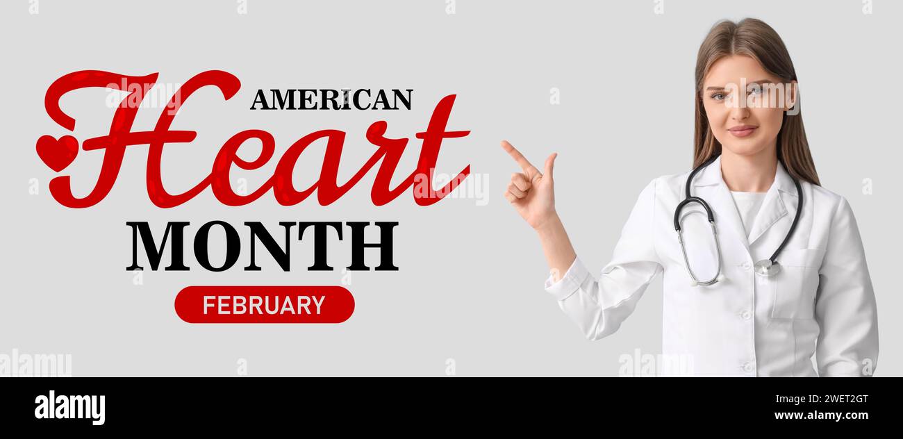 Awareness banner for American Heart Month with female cardiologist ...