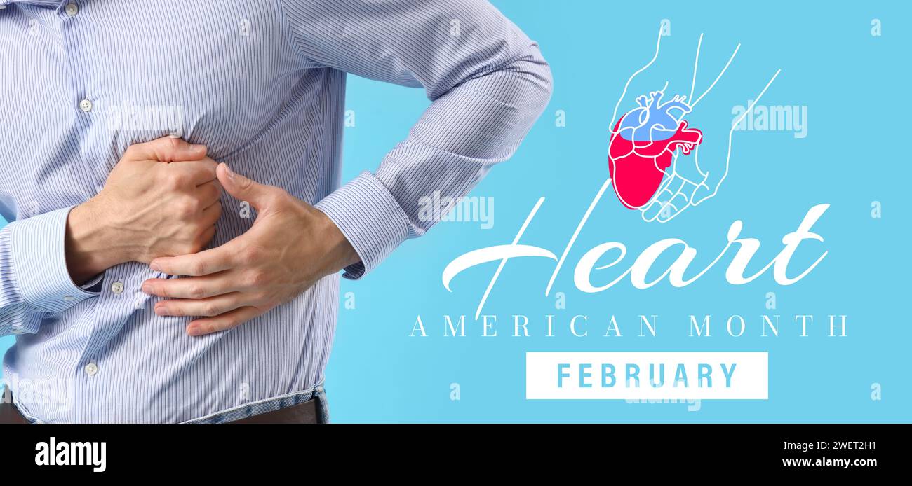 Awareness banner for American Heart Month with man having heart attack ...