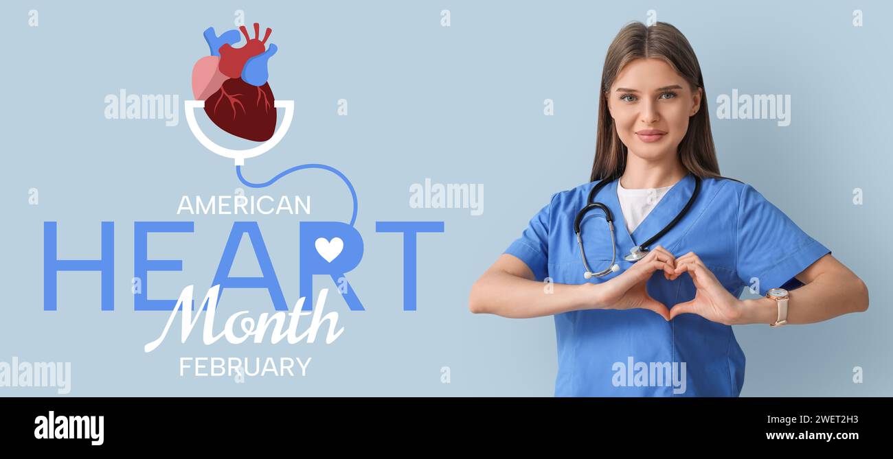 Awareness banner for American Heart Month with female cardiologist ...