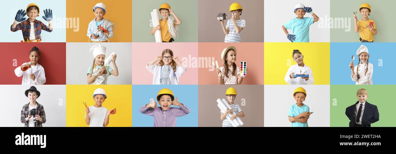 Collage of little children in uniforms of different professions on ...