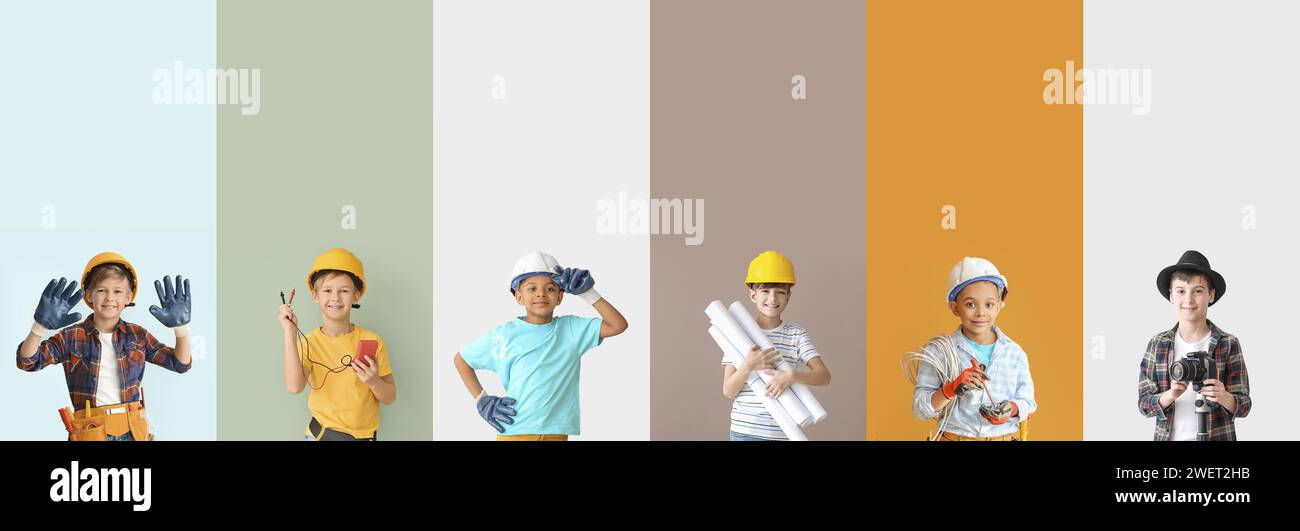 Collage of little boys in uniforms of different professions on color ...