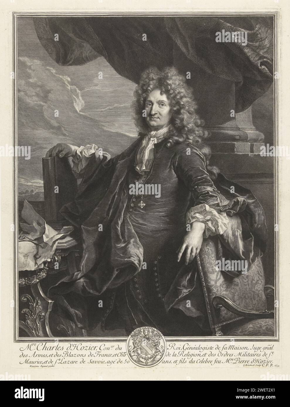 Portret van Charles d'Hozier, Gerard Edelinck, after Hyacinthe Rigaud ...