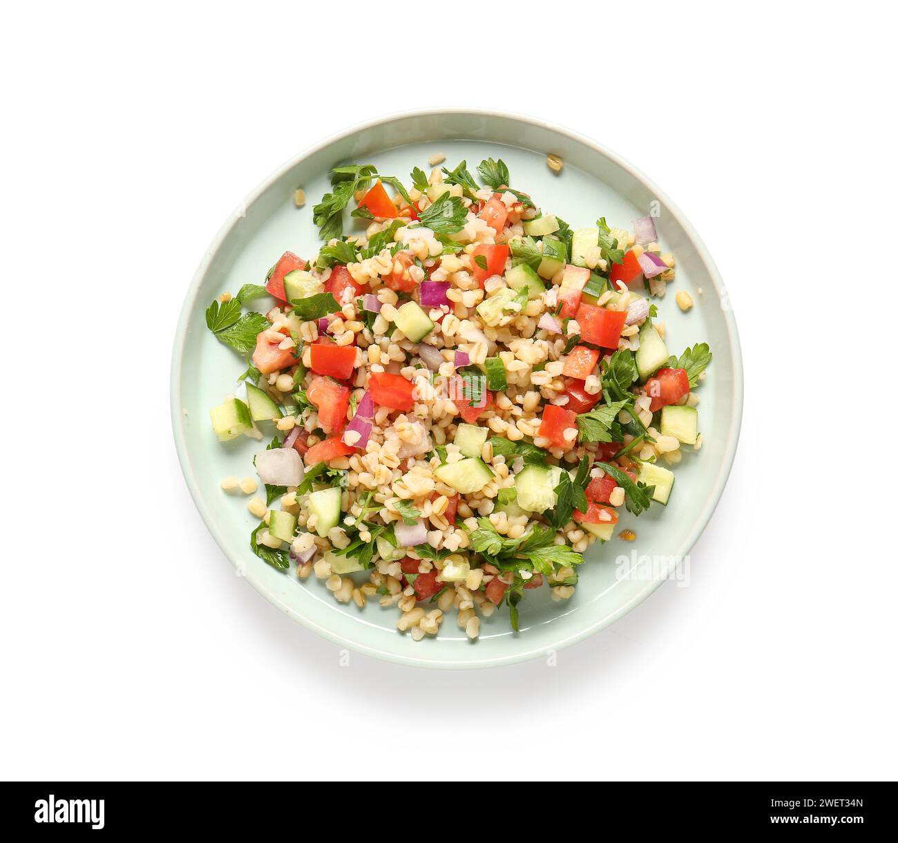 Plate with delicious tabbouleh salad on white background Stock Photo ...