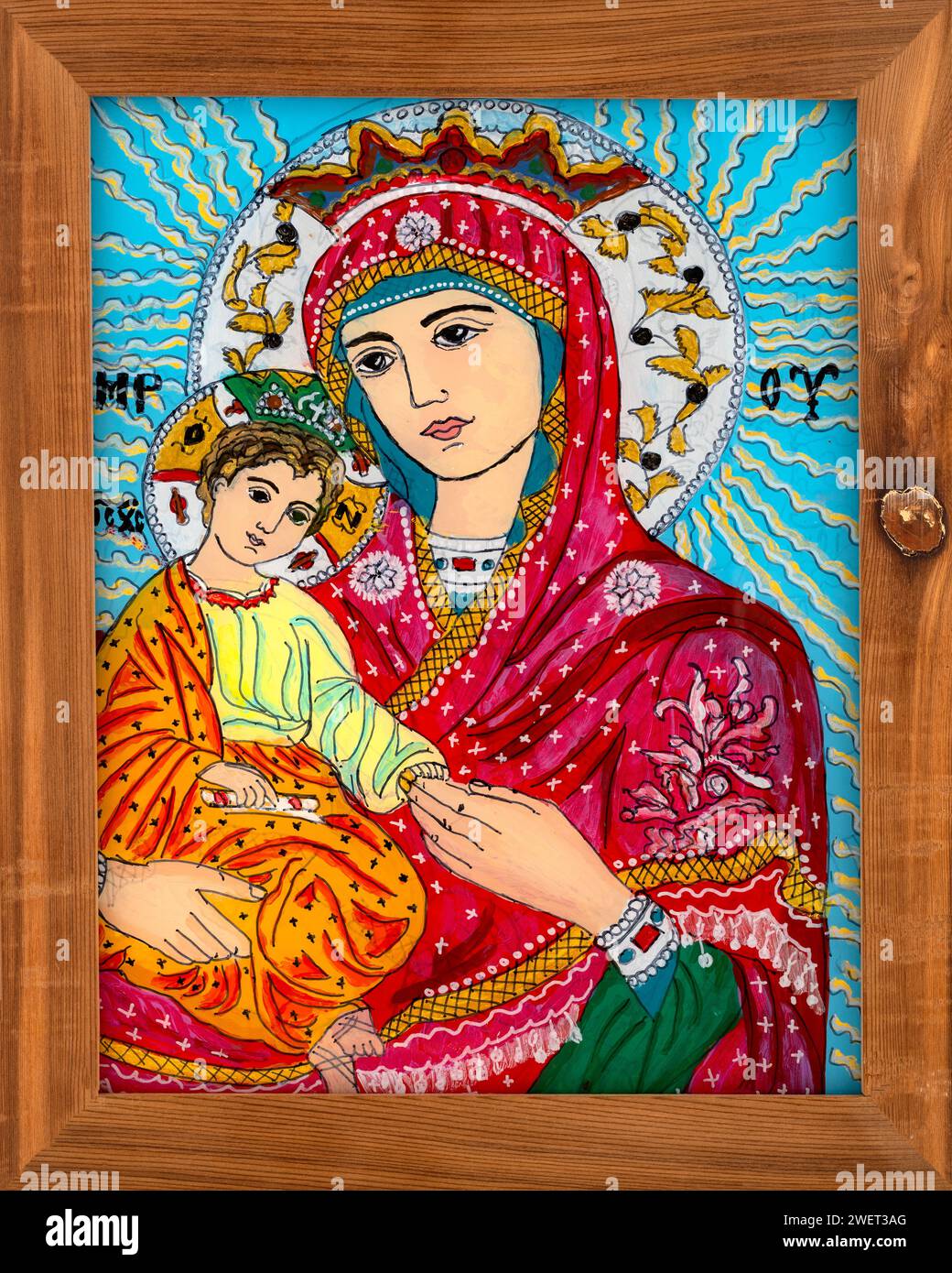 Icon painted on reverse glass in the naive orthodox style of Eastern ...