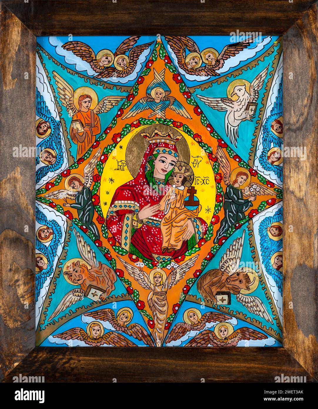 Icon painted on reverse glass in the naive orthodox style of Eastern ...