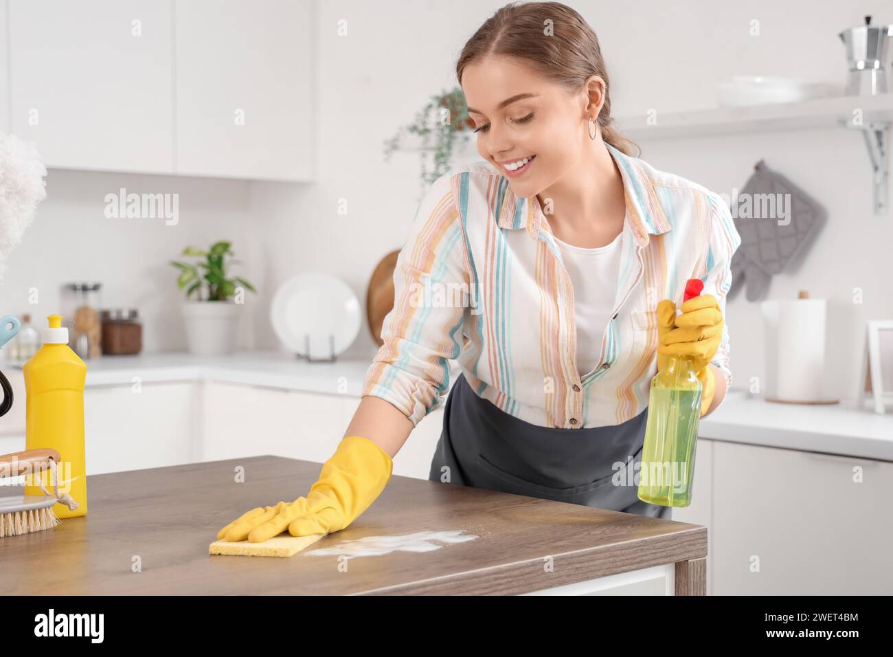 Female janitor cleaning table with detergent in kitchen Stock Photo - Alamy
