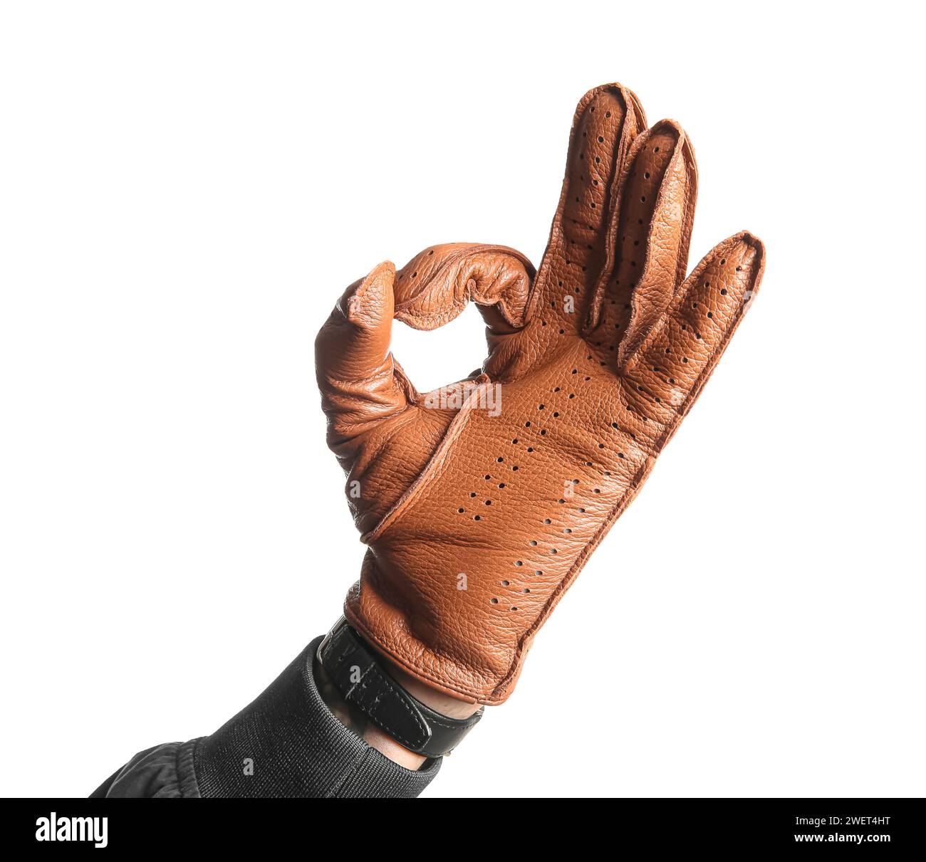 Man in brown leather glove showing OK gesture on white background ...