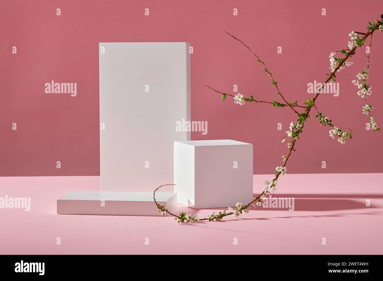 Abstract minimal scene - white empty podiums, two geometries and white ...