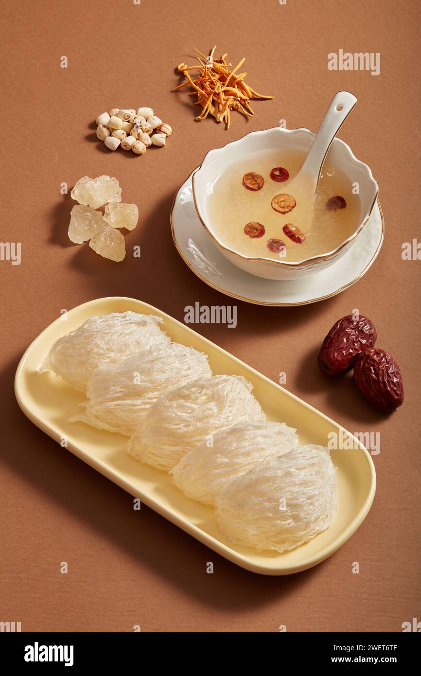 Advertising photo with bird nest, jujube, rock sugar, lotus seeds and ...
