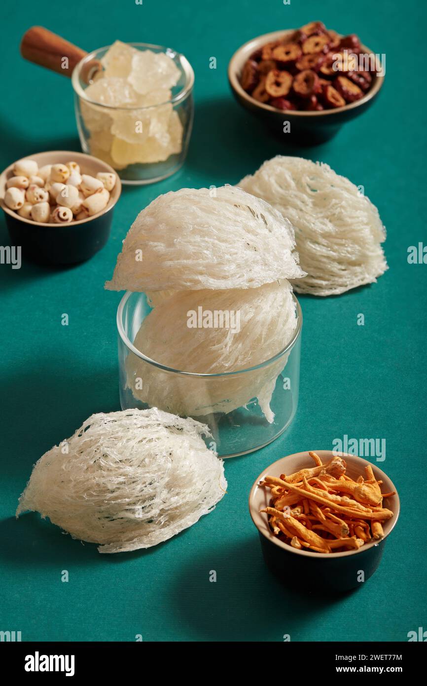 Traditional medicine with cordyceps, lotus seed, jujube, rock sugar and ...