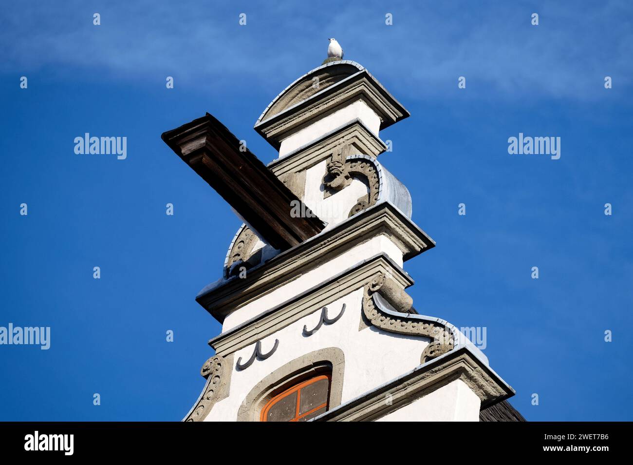 close-up of the roof construction with crane beam of the Gaffel house ...